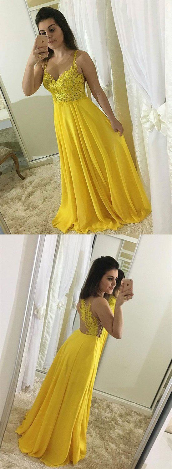 Yellow Lace Chiffon Long Prom Dress, Yellow Evening Dress,a-line Prom ...