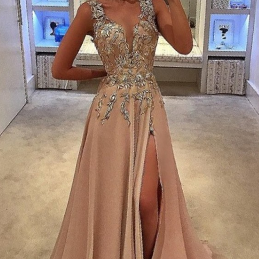 A Line Deep V Neck Sweep Train Champagne Chiffon Prom Dress With